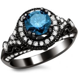 1.35ct Blue Round Diamond Engagement Ring 14k Black Gold Vintage Style