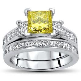 2.50ct Yellow 3 Stone Princess Diamond Bridal Set Wht Gold