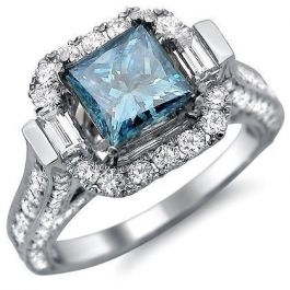 3.05ct Blue Princess Cut Diamond Engagement Ring 18k White Gold / Front ...