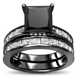 4.36ct Black Princess Cut Hidden Halo Diamond Engagement Ring Bridal ...