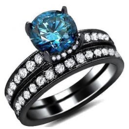 2.77ct Blue Round Diamond Engagement Ring Bridal Set 18k Black Gold ...