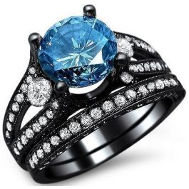 3.60ct Blue Round Diamond Engagement Ring Bridal Set 18k Black Gold ...