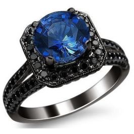 2.10ct Blue Sapphire Black Diamond Engagement Ring 14k Black Gold ...