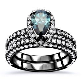 2ct Blue Pear Shape Diamond Engagement Ring Bridal Set 14k Black Gold ...