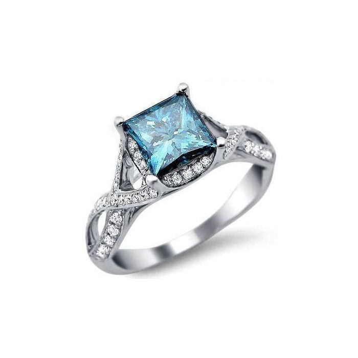 1.77ct Blue Princess Cut Diamond Engagement Ring 18k White Gold / Front ...