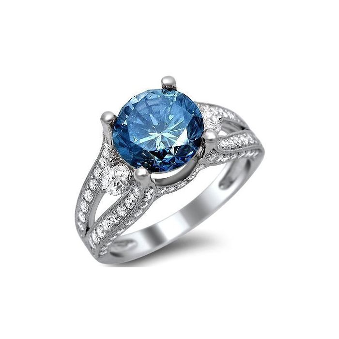 3.30ct Blue Round Diamond Engagement Ring 18k White Gold / Front Jewelers