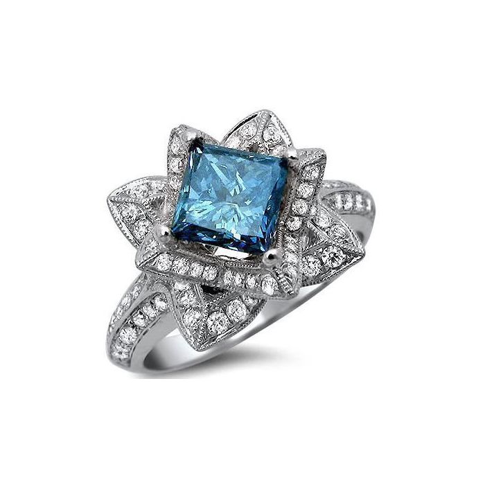 2.01ct Blue Princess Cut Diamond Lotus Flower Engagement Ring 14k White ...