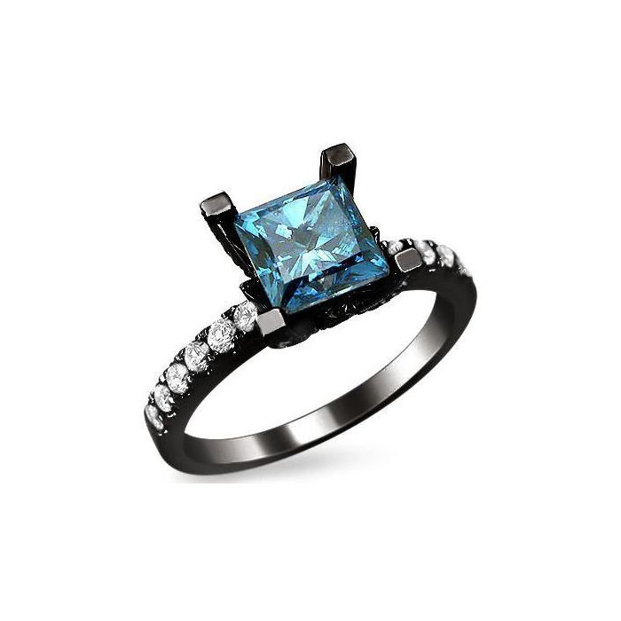 1.70ct Blue Princess Cut Diamond Engagement Ring 18k Black Gold