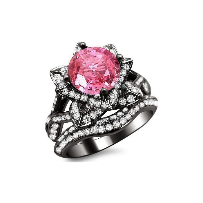 2.75ct Round Pink Sapphire Lotus Flower Diamond Ring Bridal Set 14k ...