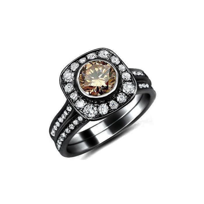 1.73ct Brown Round Diamond Bezel Set Engagement Ring Band 18k Black ...