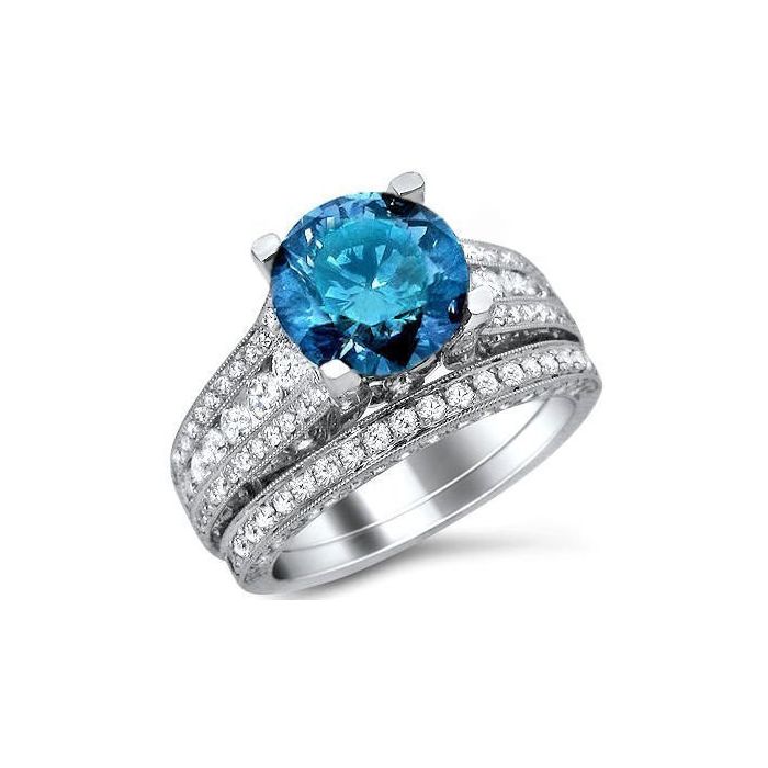 3.15ct Fancy Blue Round Diamond Engagement Ring Bridal Set 18k White ...