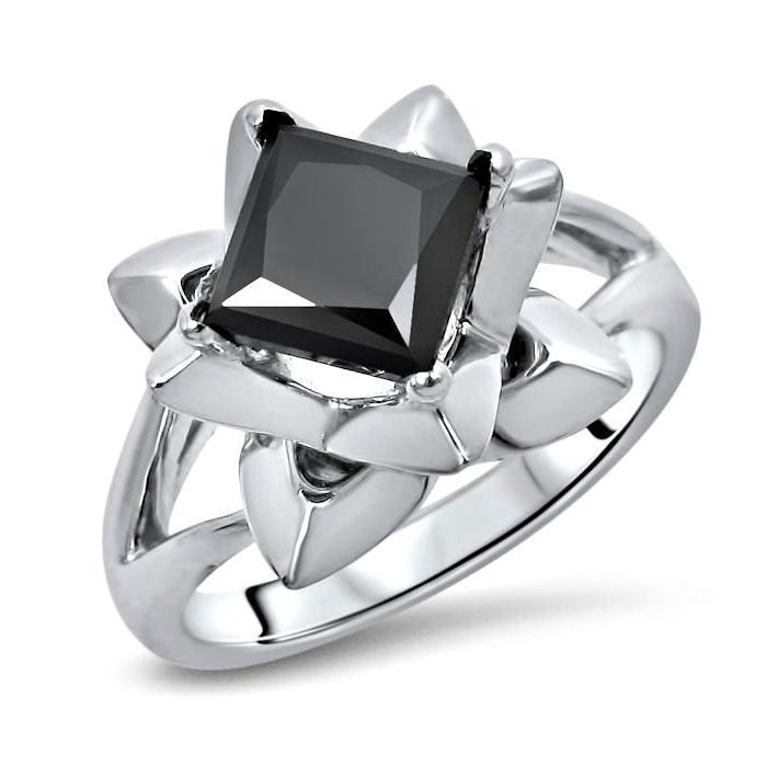 1.50ct Black Princess Cut Diamond Lotus Flower Engagement Ring 14k ...