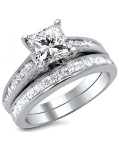 Channel Set Princess Cut Diamond Engagement Ring Bridal Set 14k White ...