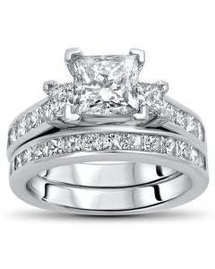 ct 3 Stone Princess Cut Diamond Engagement Ring Bridal Set 14k White Gold Front Jewelers
